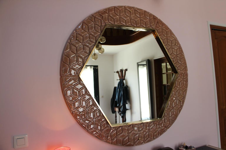 Modern Round Pink Textured Murano Glass Surround Mirror For Sale at 1stDibs