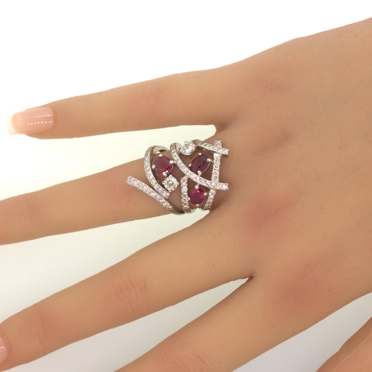 Modern Ruby Diamond Gold Bypass Ring For Sale at 1stDibs
