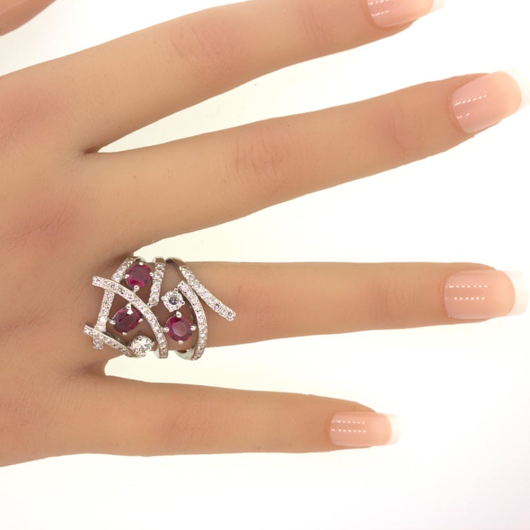 Modern Ruby Diamond Gold Bypass Ring For Sale at 1stDibs