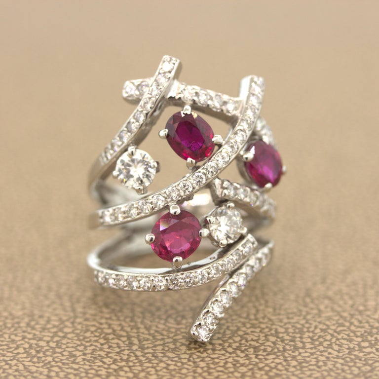 Modern Ruby Diamond Gold Bypass Ring For Sale at 1stDibs