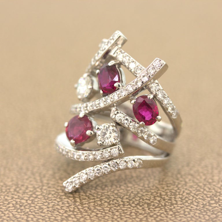 Modern Ruby Diamond Gold Bypass Ring For Sale at 1stDibs