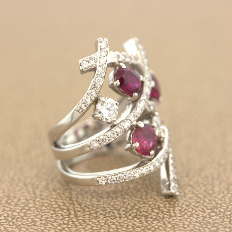Modern Ruby Diamond Gold Bypass Ring For Sale at 1stDibs