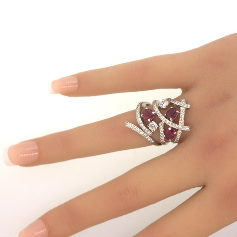 Modern Ruby Diamond Gold Bypass Ring For Sale at 1stDibs