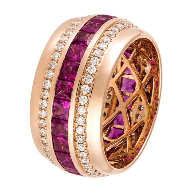 Modern Ruby Diamond Rose Gold 18K Band Ring for Her For Sale at 1stDibs
