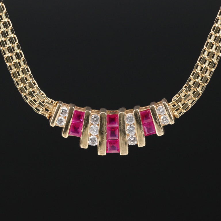 Modern Ruby Diamonds Gold Necklace, 18K Yellow Gold Ruby Diamond ...