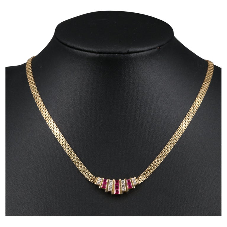 Modern Ruby Diamonds Gold Necklace, 18K Yellow Gold Ruby Diamond ...