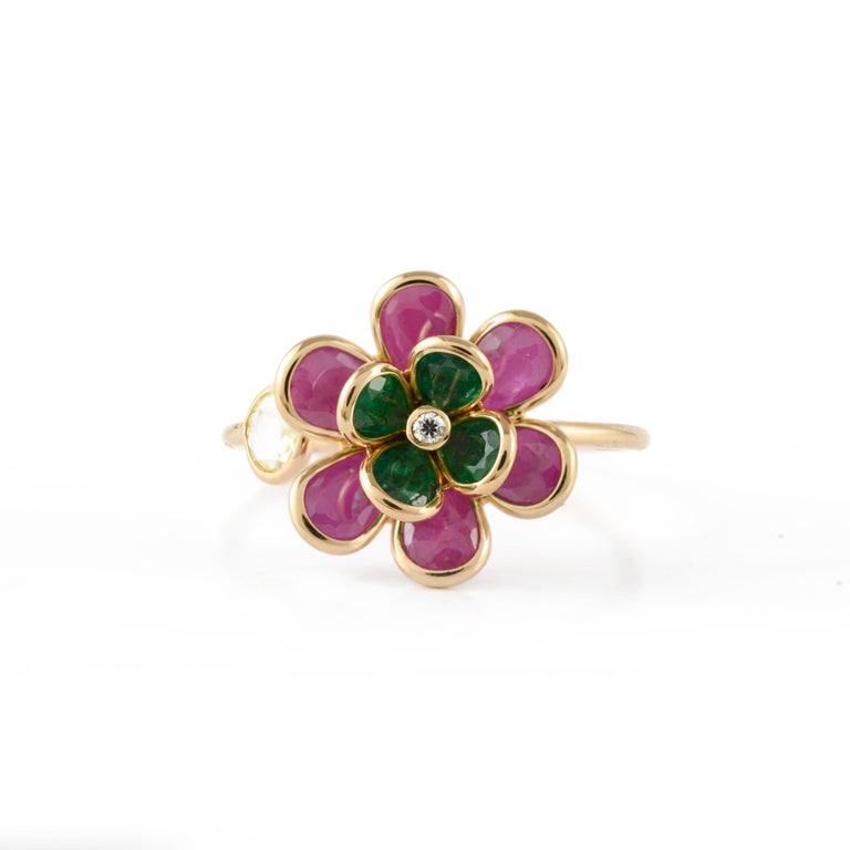Customizable Trendy Ruby Emerald Flower Ring in 18K Yellow Gold, Open ...