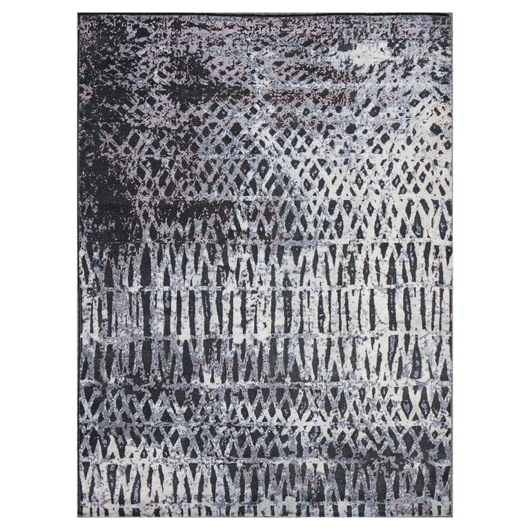 Modern Rug with Abstract Design in Black Charcoal, Silver and High and ...