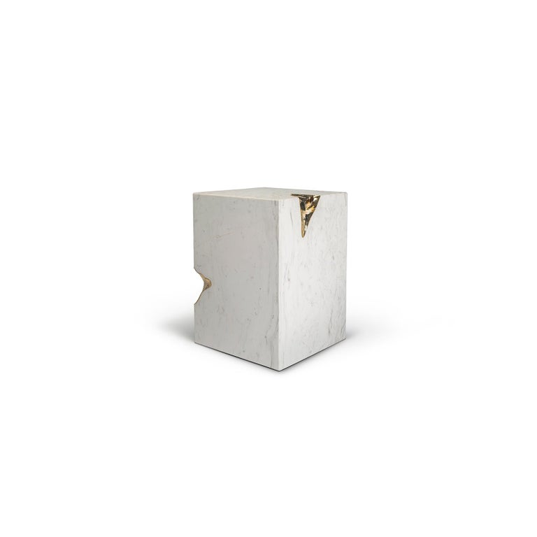 Modern Ruins Side Table in White Greek Marble and Gold-Plated Details ...