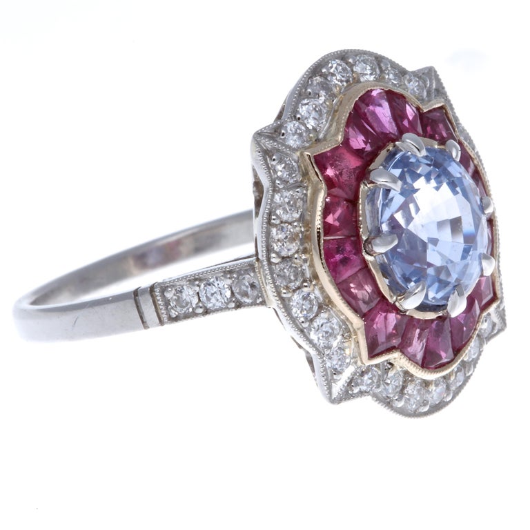 Modern Sapphire Ruby Diamond Platinum Ring at 1stDibs