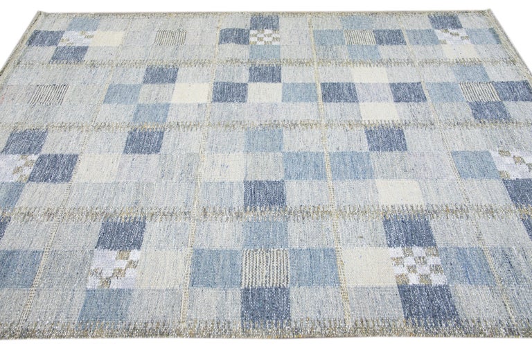 Modern Scandinavian Blue and Gray Handmade Geometric Room SizeWool Rug ...