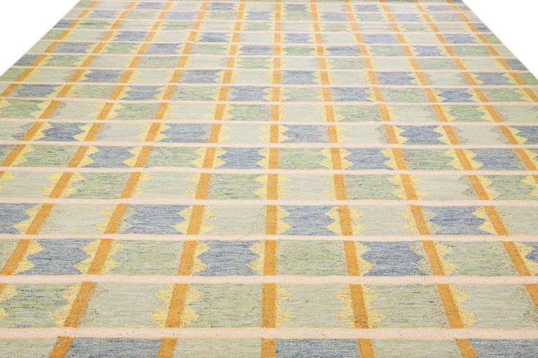 Modern Scandinavian Green Handmade Oversize Wool Rug with Geometric ...