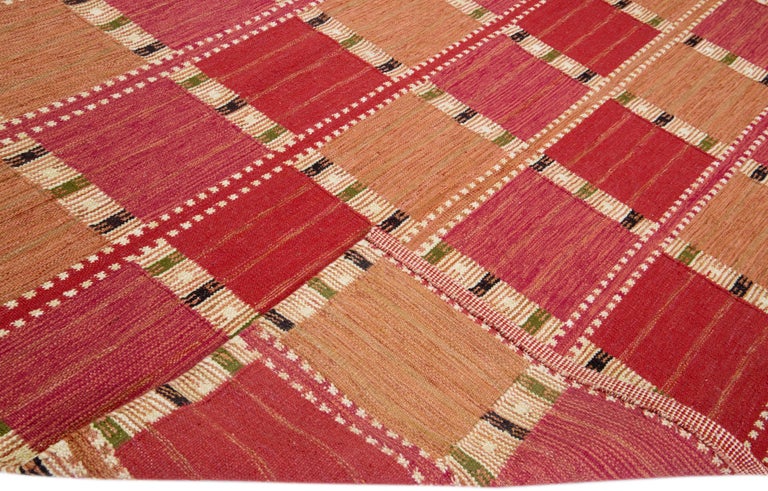 Modern Scandinavian Red and Orange Handmade Geometric Wool Rug For Sale ...