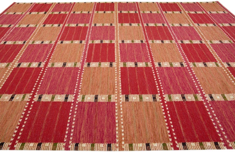 Modern Scandinavian Red and Orange Handmade Geometric Wool Rug For Sale ...