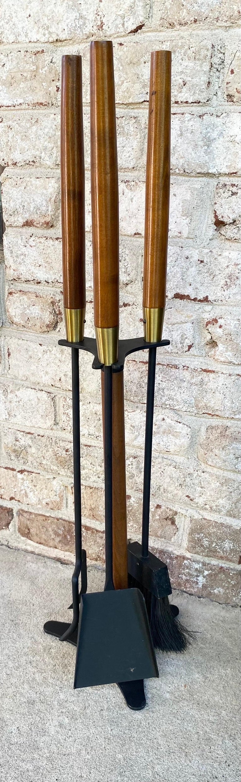 Modern set of Fireplace Tools with Wood Handles For Sale at 1stDibs