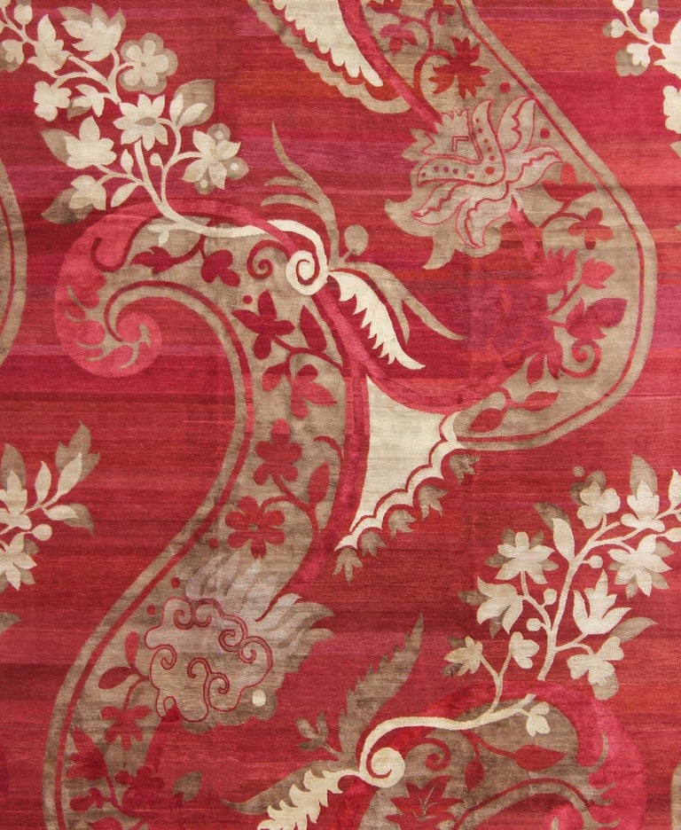 Modern Silk and Wool Rug from Nepal in Red and Taupe For Sale at 1stDibs