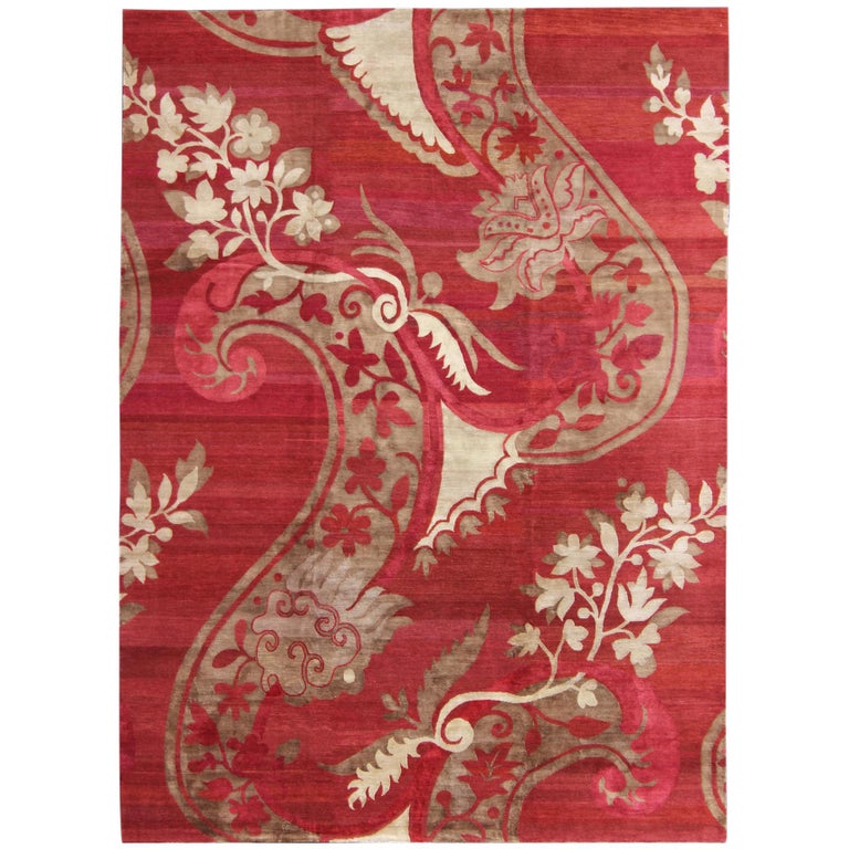 Modern Silk and Wool Rug from Nepal in Red and Taupe For Sale at 1stDibs
