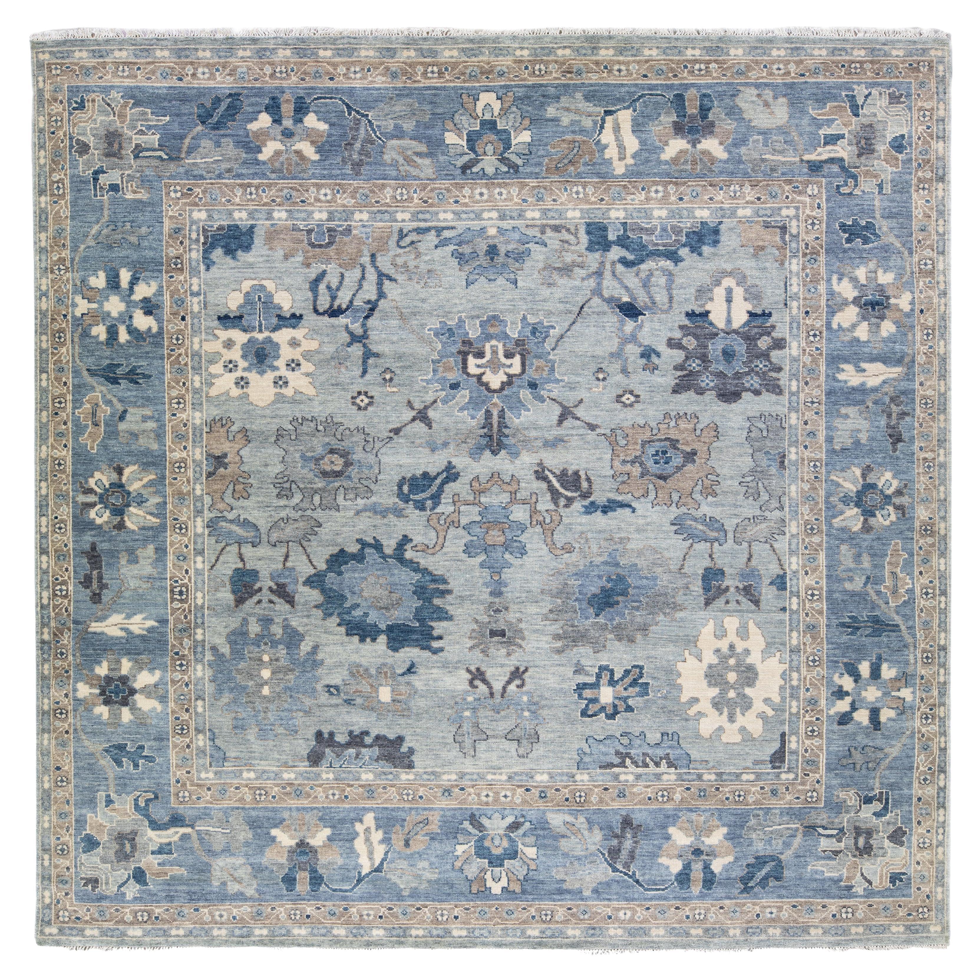 Modern Gray Oushak Style Handmade Floral Motif Square Wool Rug For Sale ...