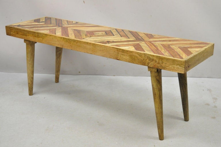 Modern Slatted Wood Geometric Inlay Rustic Farmhouse Coffee Table Bench ...