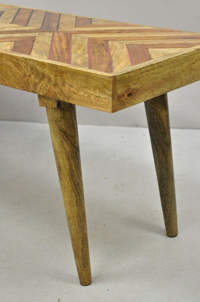 Modern Slatted Wood Geometric Inlay Rustic Farmhouse Coffee Table Bench ...