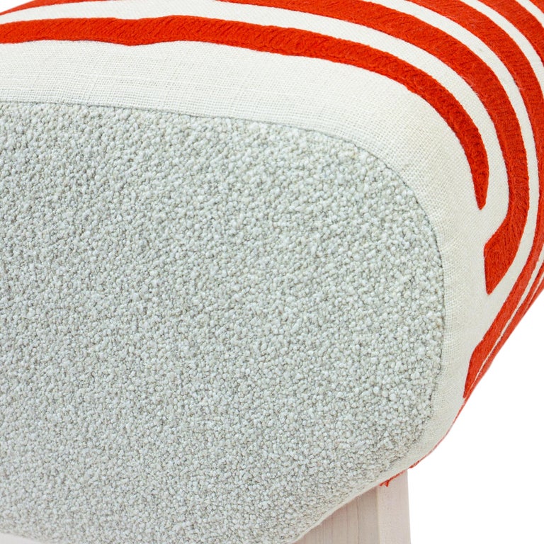 Modern Sloped Bench with Swirly Bright Orange Embroidered Linen For ...