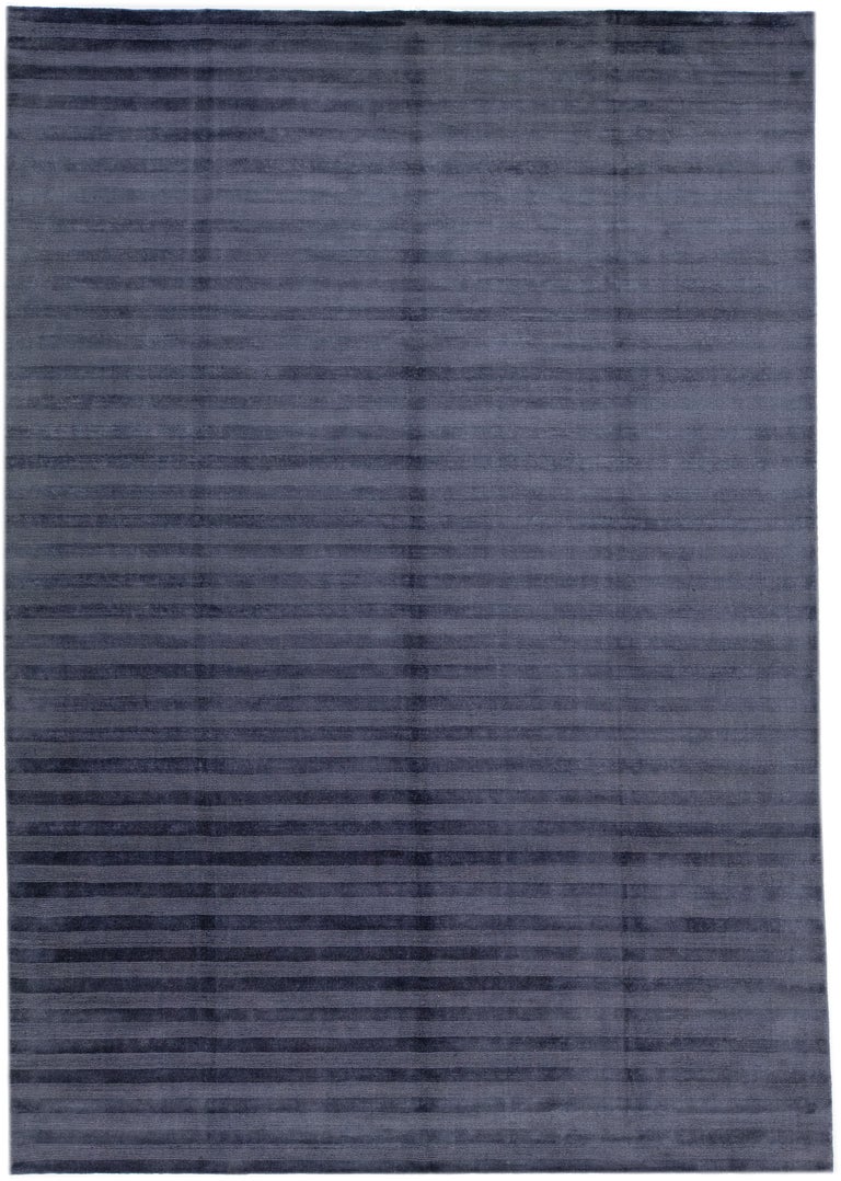 Modern Solid Handmade Wool and Silk Rug In Navy Blue For Sale at 1stDibs