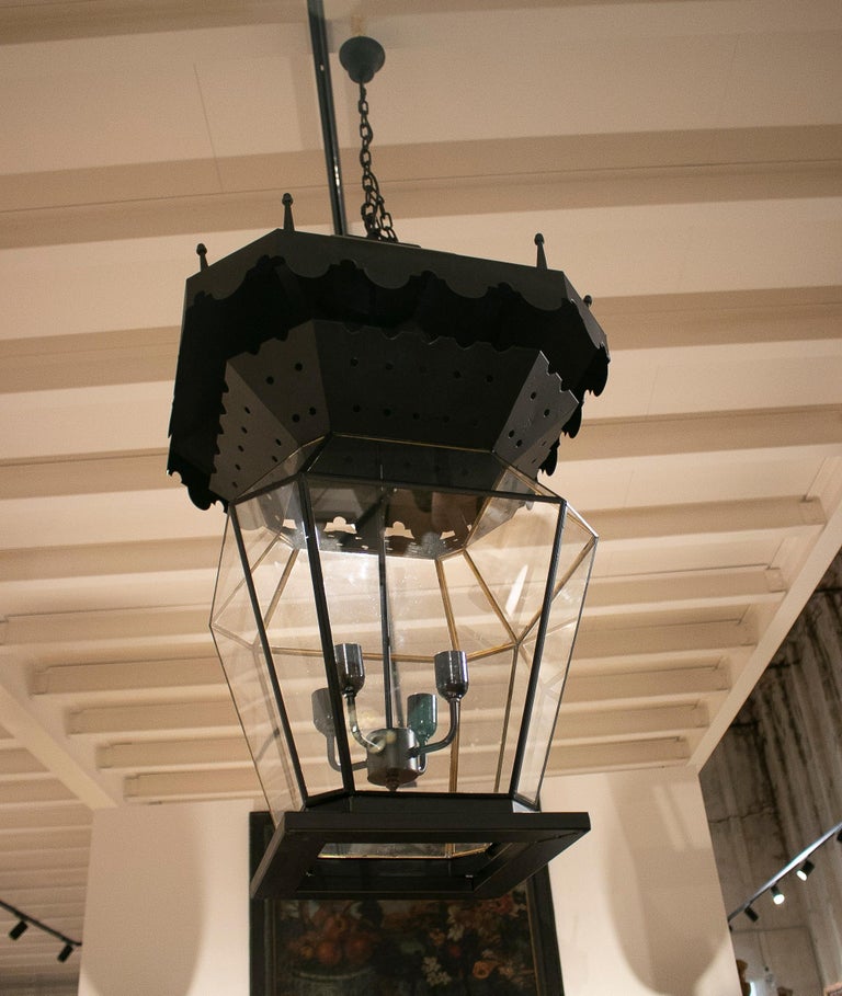 Modern Spanish Andalusian Style Wrought Iron Hanging Lamp w/ Glass For ...