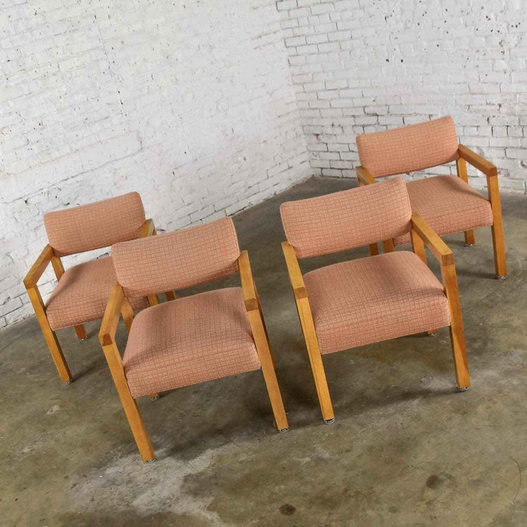 Modern Square Frame Oak Armchairs with Original Blush Textured Fabric ...