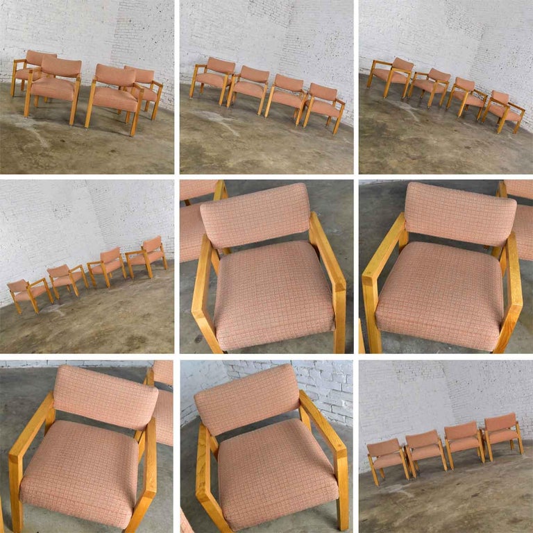 Modern Square Frame Oak Armchairs with Original Blush Textured Fabric ...