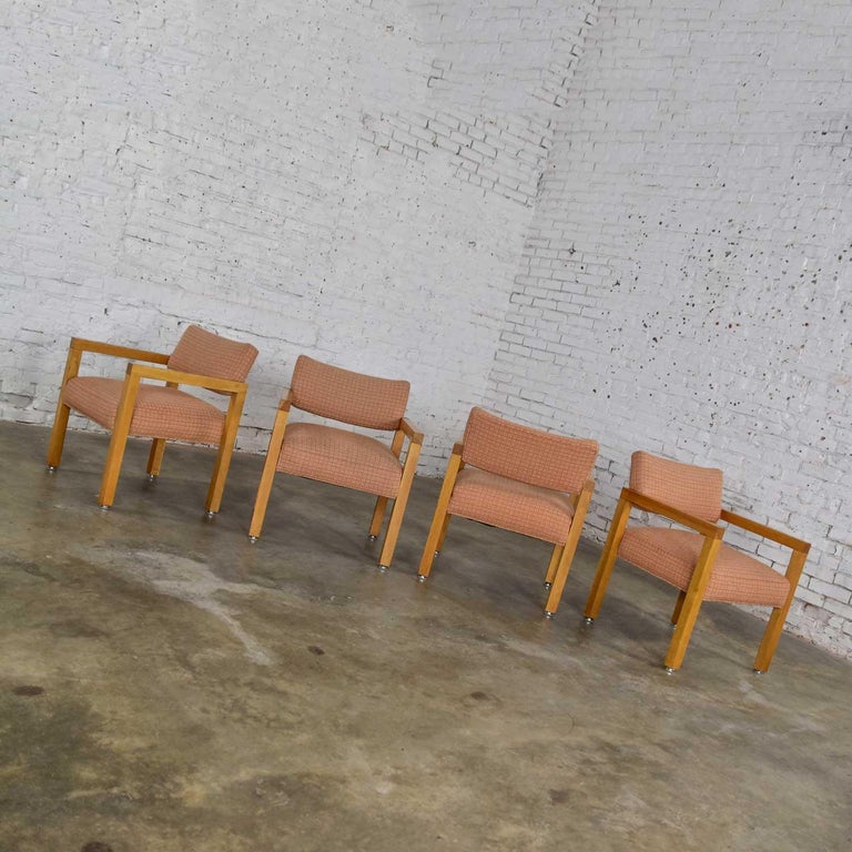 Modern Square Frame Oak Armchairs with Original Blush Textured Fabric ...