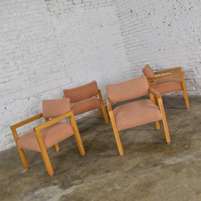 Modern Square Frame Oak Armchairs with Original Blush Textured Fabric ...