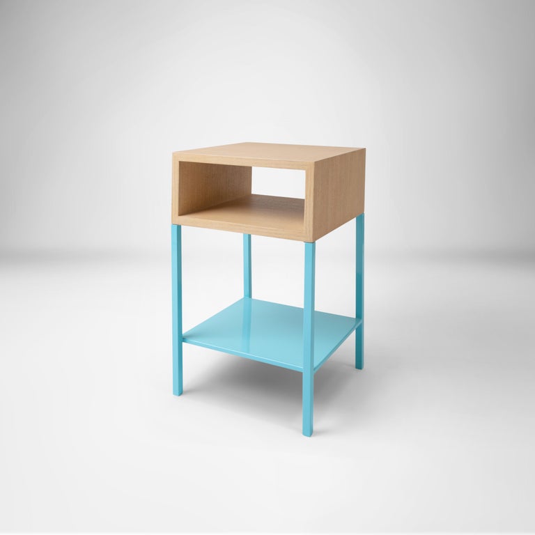 Modern Square Oak Wood Nightstand with Aqua Blue Metal Legs and Shelf ...