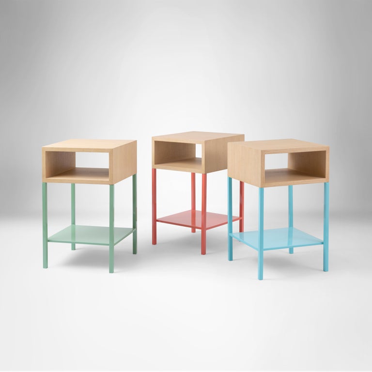 Modern Square Oak Wood Nightstand with Aqua Blue Metal Legs and Shelf ...