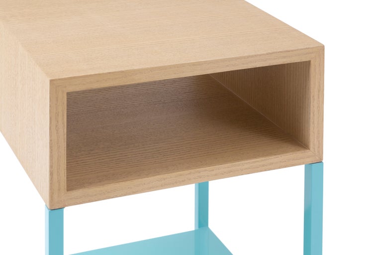 Modern Square Oak Wood Nightstand with Aqua Blue Metal Legs and Shelf ...
