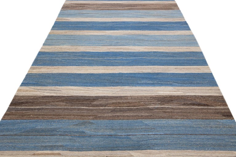 Modern Striped Flat-Weave Handmade Blue and Brown Wool Runner For Sale ...