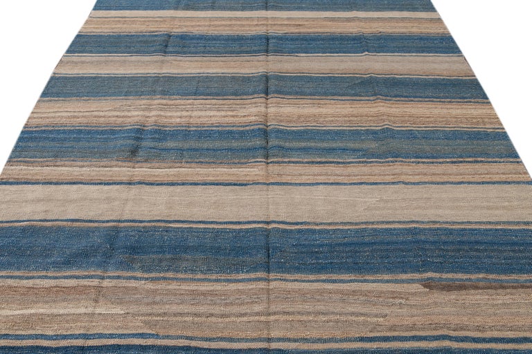 Modern Sriped Flat-Weave Handmade Wool Rug For Sale at 1stDibs