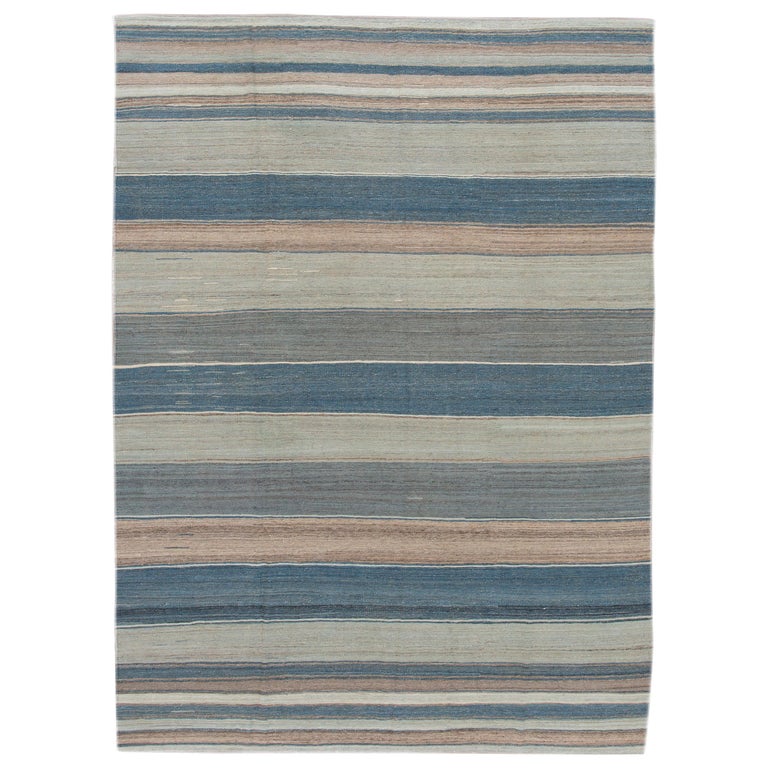 Modern Striped Flat-Weave Handmade Wool Rug For Sale at 1stDibs