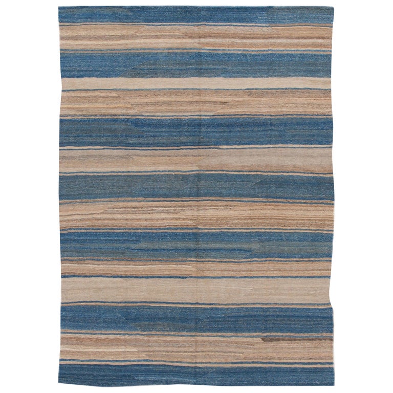 Modern Sriped Flat-Weave Handmade Wool Rug For Sale at 1stDibs