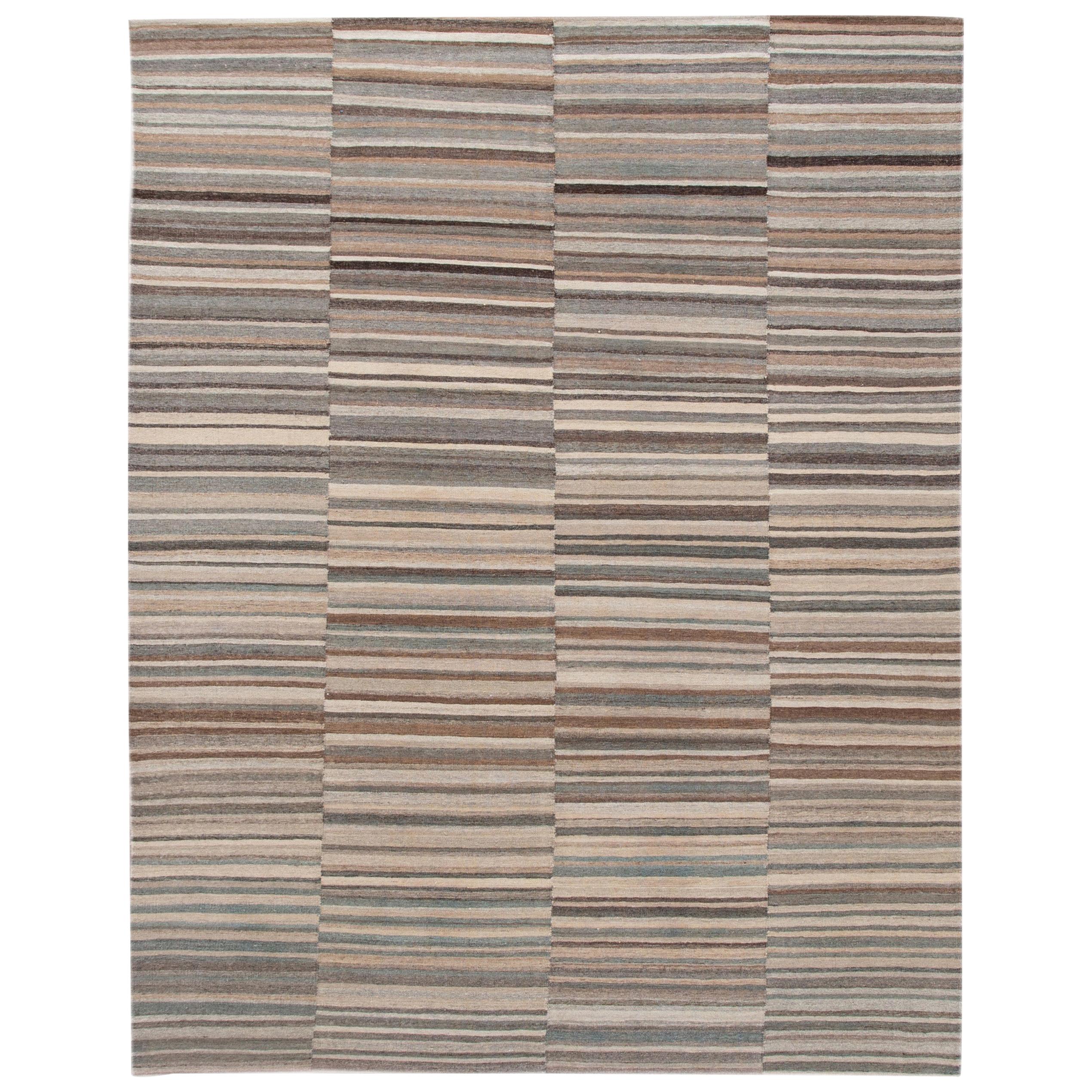 Modern Block Colour Wool Kilim Handmade Striped Area Rug at 1stDibs