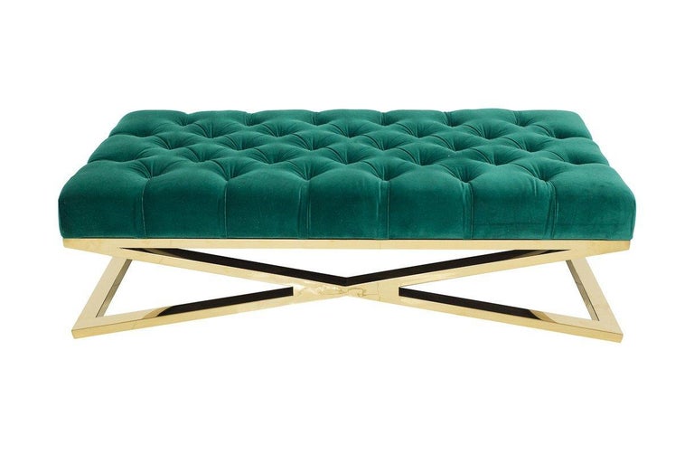 Modern Style Velvet Tufted Ottoman Bench with Polished Brass X-Base ...