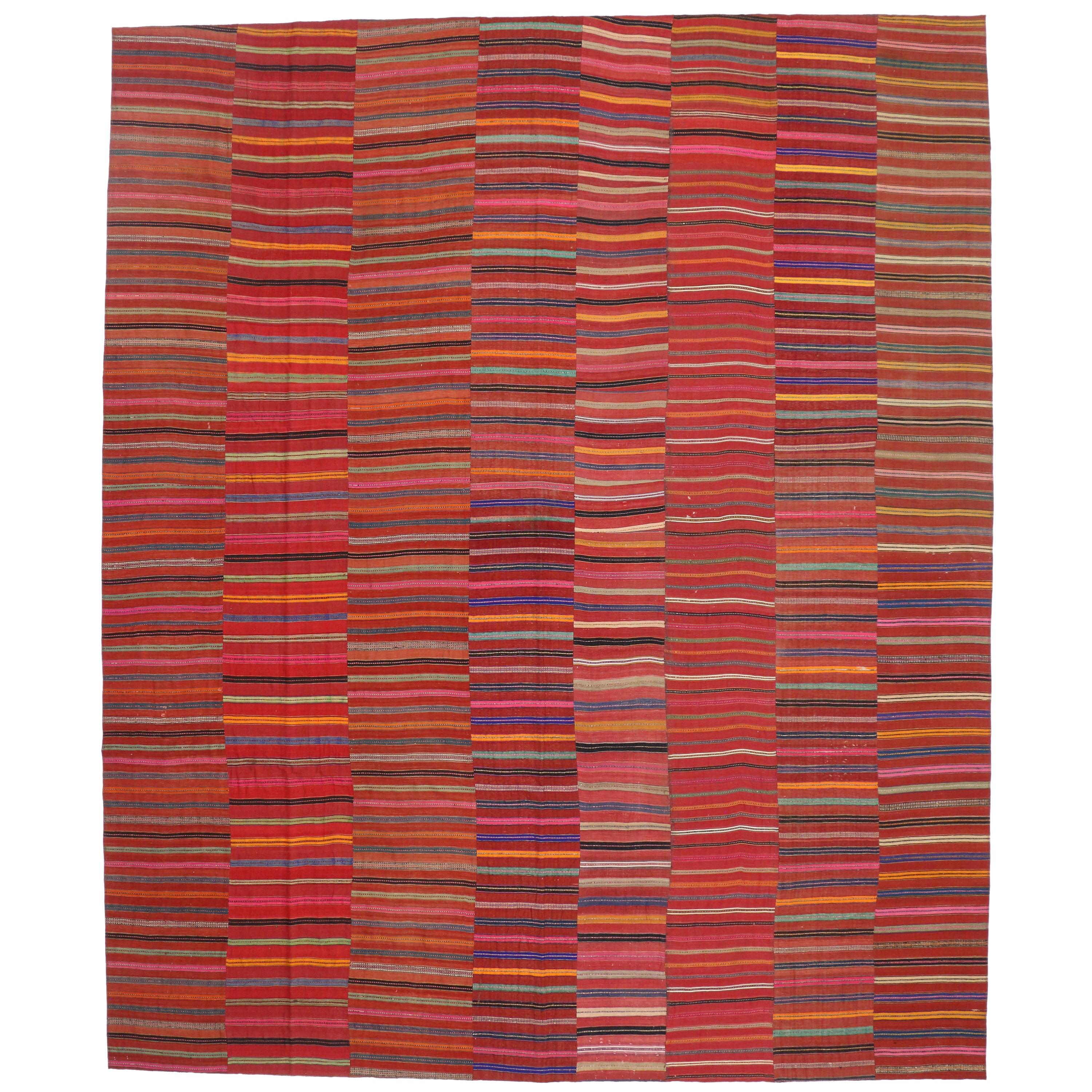 Distressed Vintage Turkish Striped Kilim Rug with Modern Rustic Cabin ...