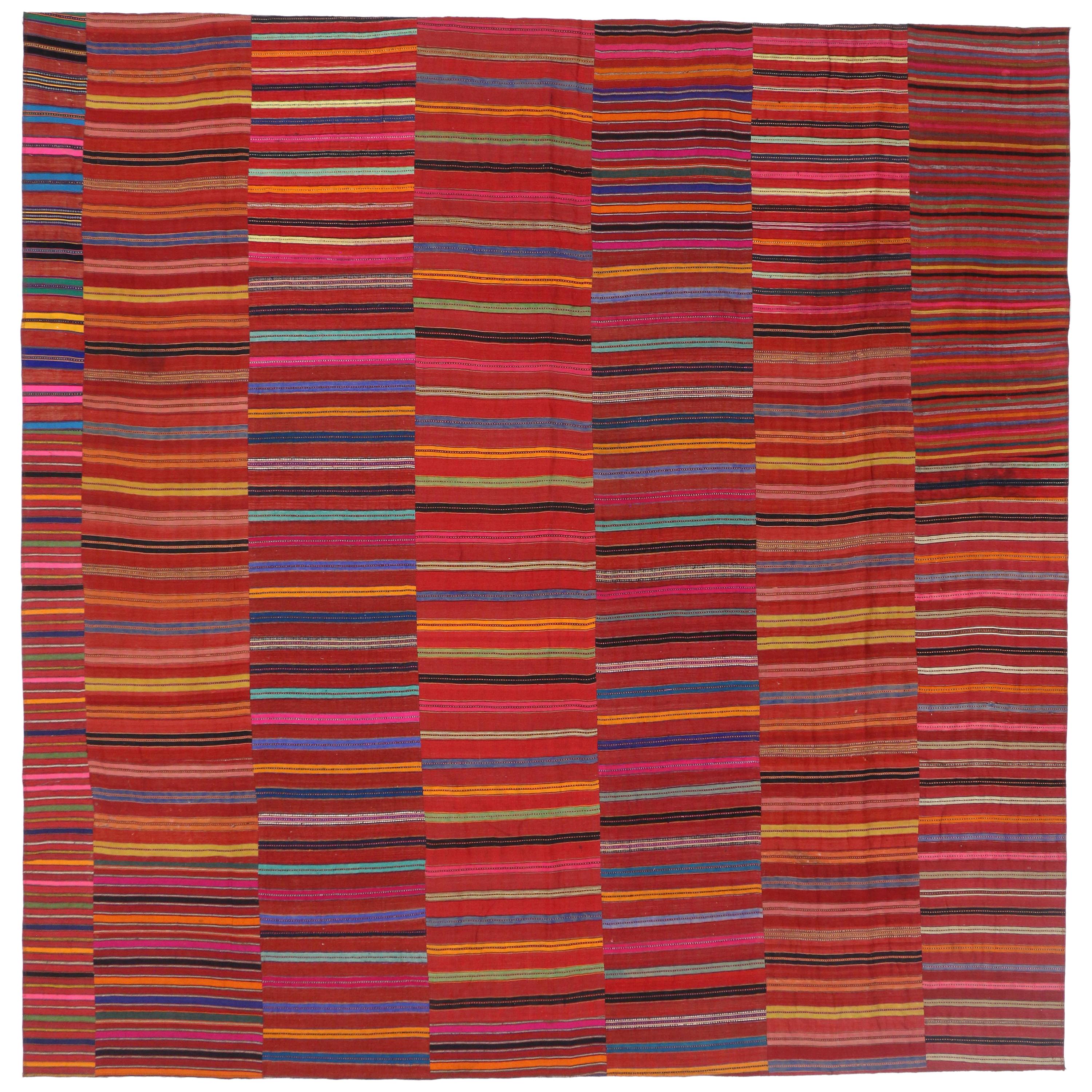 Distressed Vintage Turkish Striped Kilim Rug with Modern Rustic Cabin ...