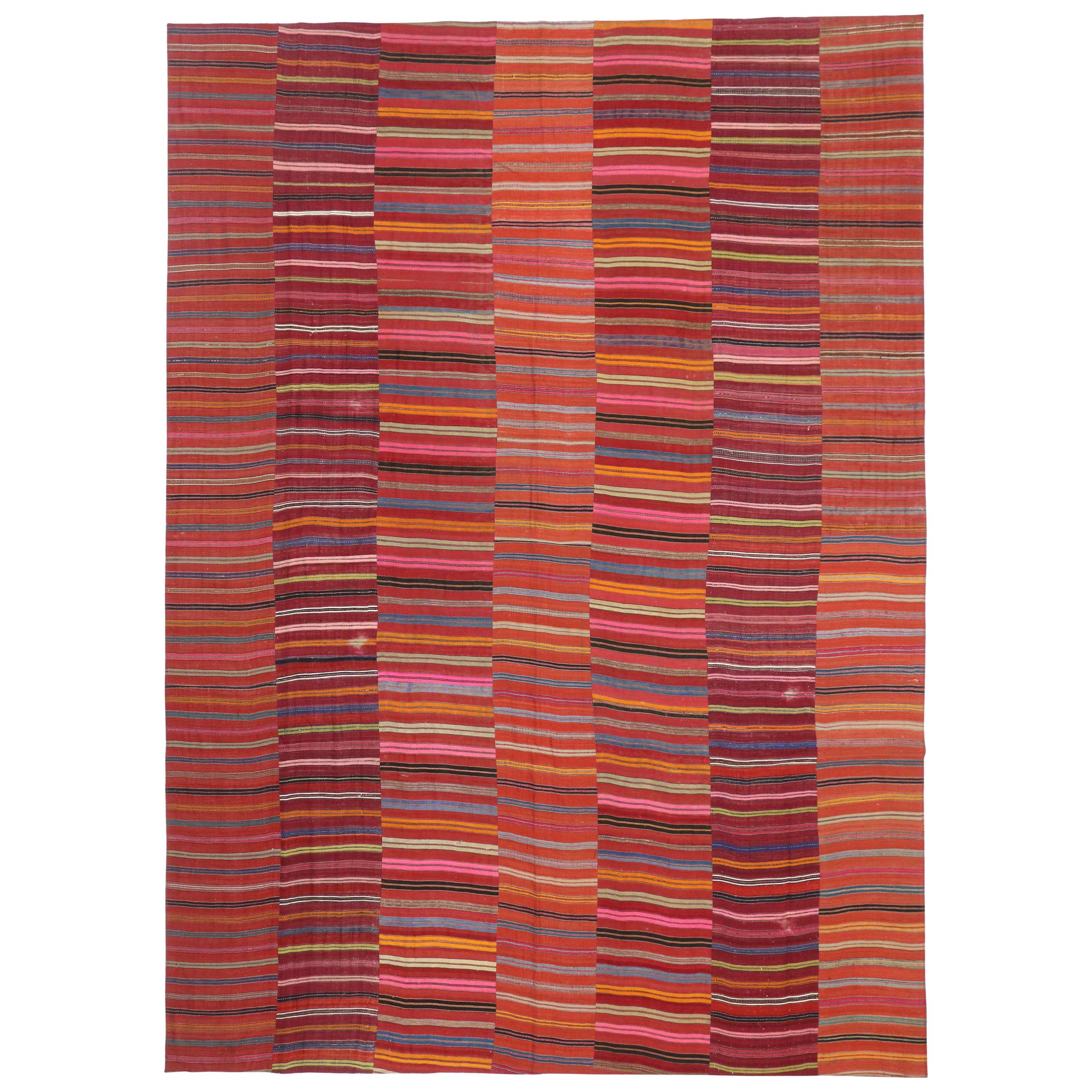Distressed Vintage Turkish Striped Kilim Rug with Modern Rustic Cabin ...