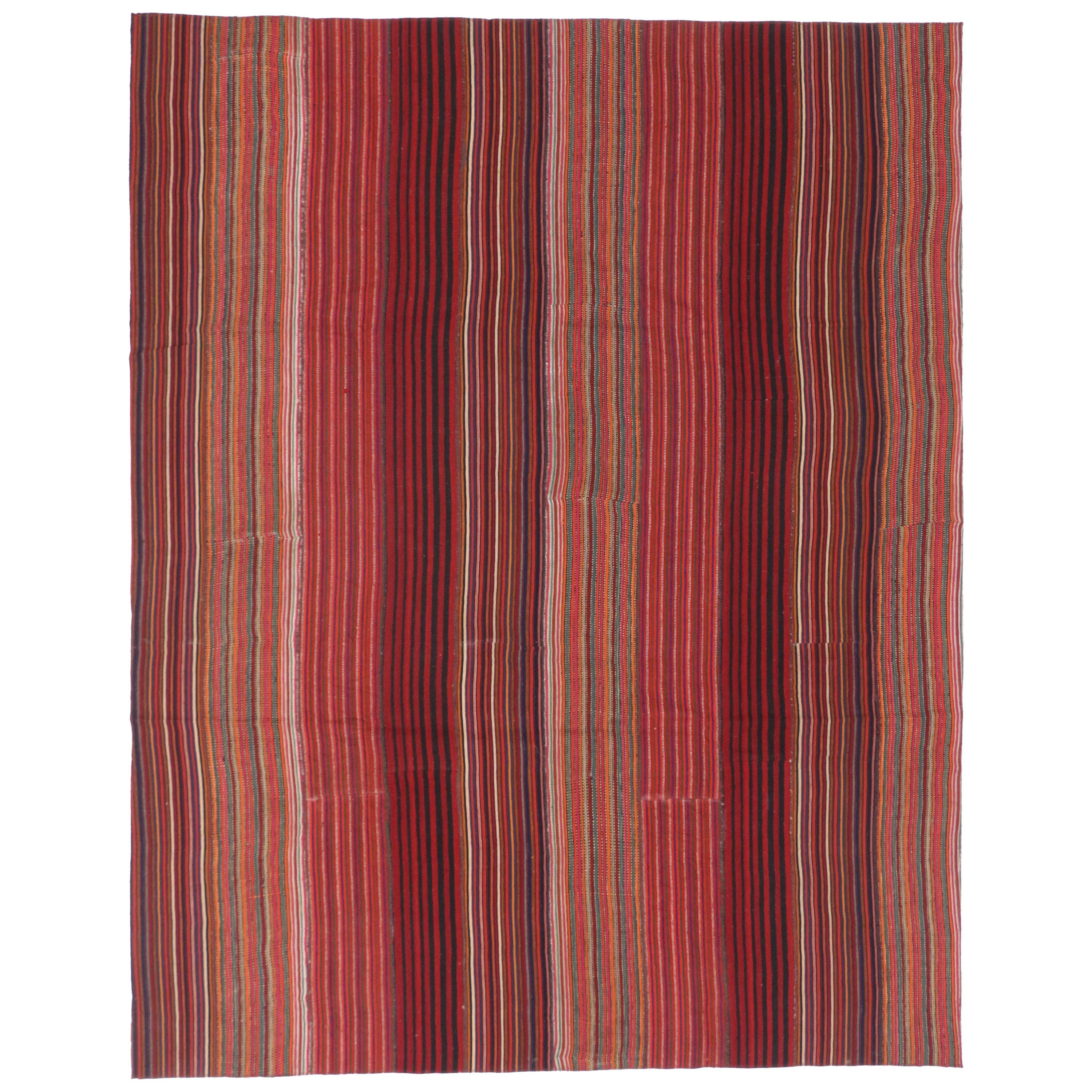 Distressed Vintage Turkish Striped Kilim Rug with Modern Rustic Cabin ...