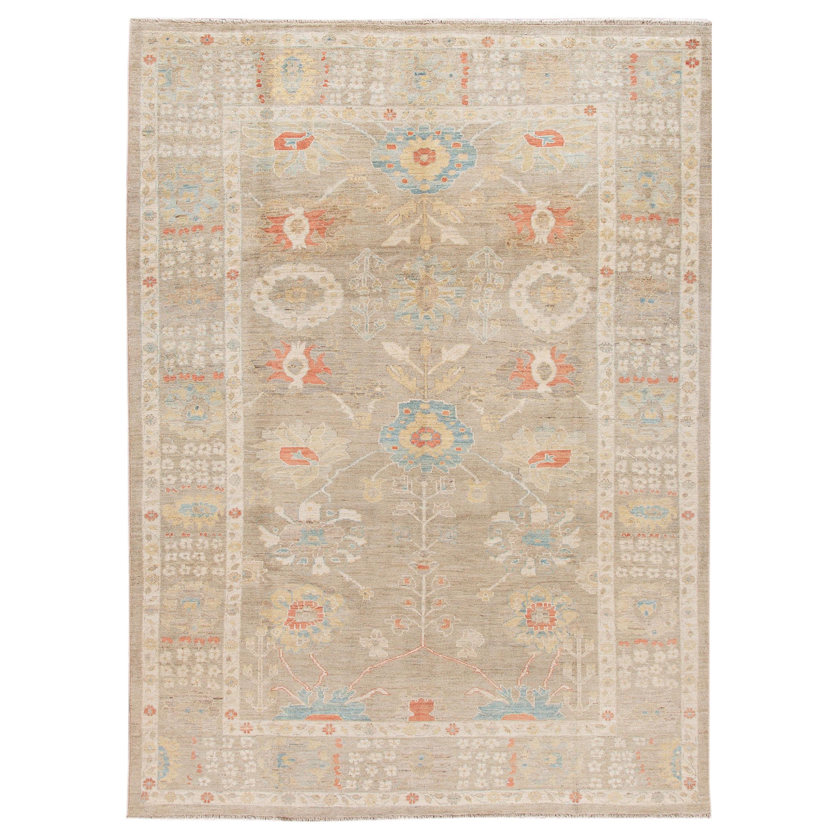 Modern Sultanabad Beige Handmade Floral Wool Rug For Sale at 1stDibs