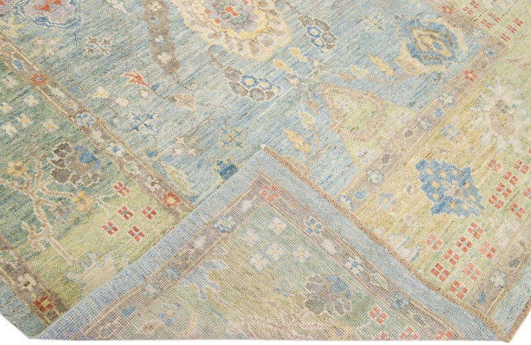 Modern Sultanabad Blue and Green Handmade Allover Floral Wool Rug For ...
