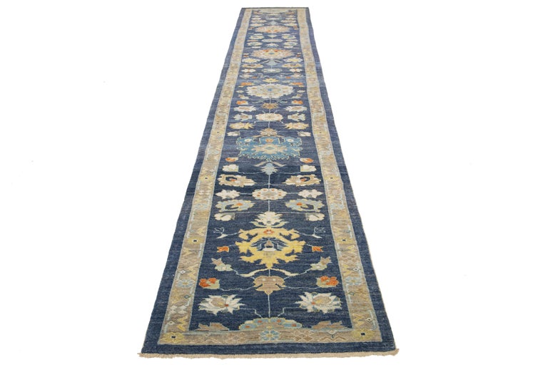 Modern Sultanabad Blue Handmade Wool Runner with Floral Pattern For ...