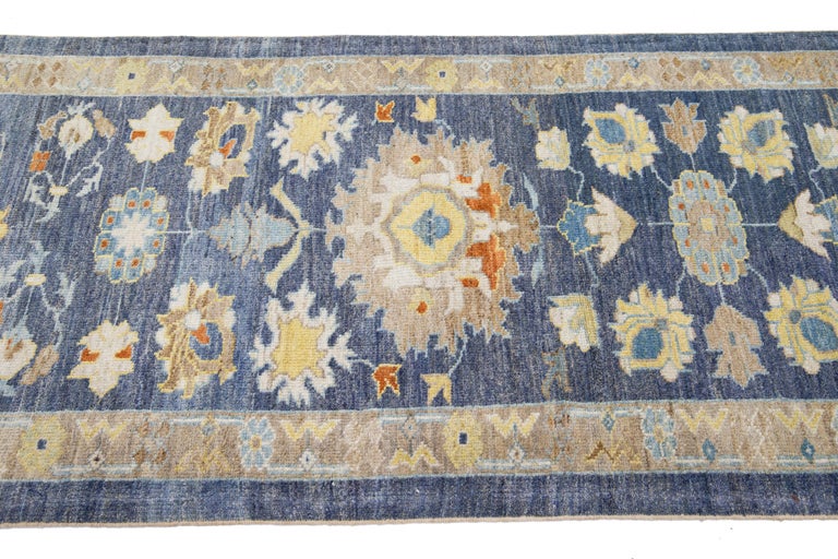 Modern Sultanabad Blue Handmade Wool Runner with Floral Pattern For ...