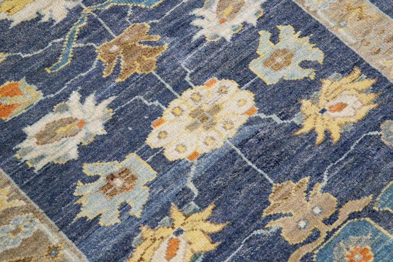 Modern Sultanabad Blue Handmade Wool Runner with Floral Pattern For ...