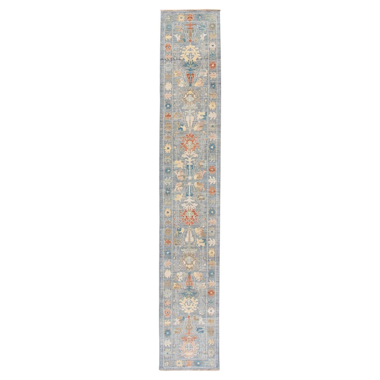 Modern Sultanabad Handmade Blue Floral Wool Runner For Sale at 1stDibs